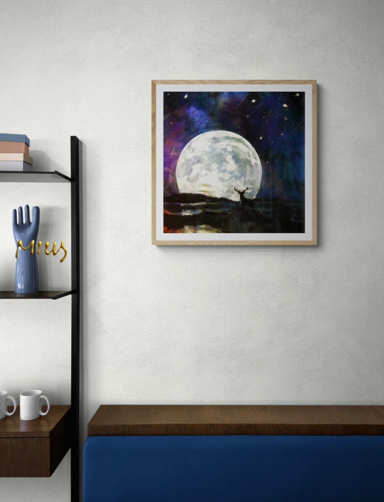 Stag and Full Moon Silk Painting Art Print - Confessions of a Roaming ...
